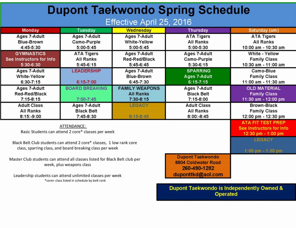 Copy of Dupont Schedule new 2016 2-001 - Cabeen's Taekwondo